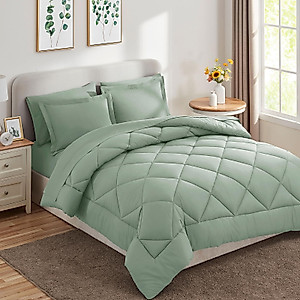 CozyLux Queen Comforter Set with Sheets 7 Pieces Bed in a Bag Sage Green All Season Bedding Sets with Comforter, Pillow Shams, Flat Sheet, Fitted Sheet and Pillowcases