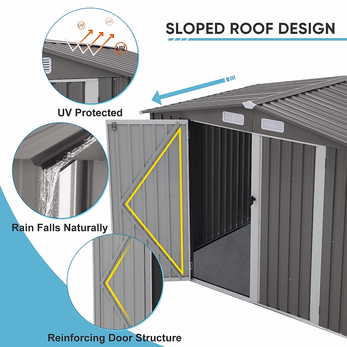 Verano Garden 8x6 FT Outdoor Storage Shed, Galvanized Steel Metal Garden Shed, Double Door W/Lock, Outdoor Storage Tool House for Backyard, Patio, Lawn