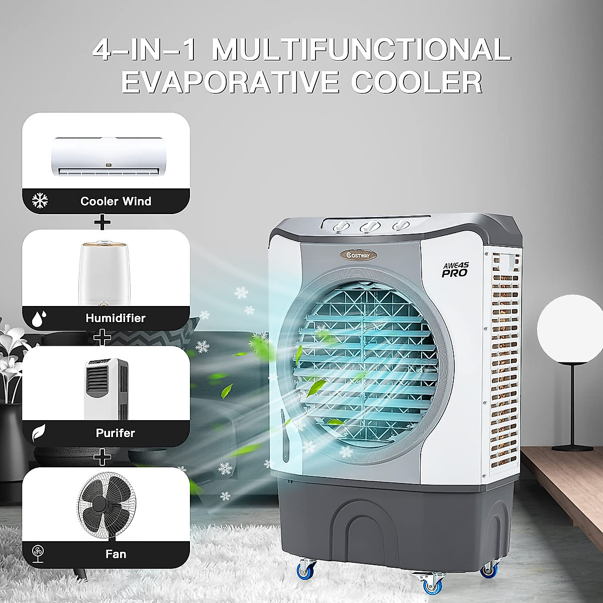 COSTWAY Evaporative Air Cooler, 3450 CFM Swamp Cooler with 100°Oscillation, 210W Cooling Fan, 3 Speeds & 3 Modes Cools up to 1800 Sq. ft, AC Unit with 4 Universal Casters for Indoor & Outdoor