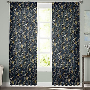 Singingin Chiffon Backdrop Curtain, Gold Gradient Floral Leaves Black Soft Lightweight Window Drapes Rod Pocket Curtains for Bedroom Living Room Home Office Decor 52 x 84 Inch, 2 Panels