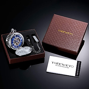 TREEWETO Pocket Watch - Smooth Double Case Series Skeleton Dial Delicate Mechanical Movement with Chain, Silver