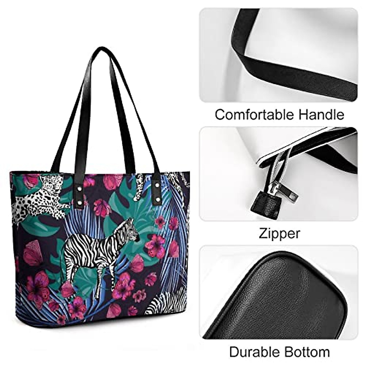 Womens Handbag Leopards Leaves Palm Flowers Pattern Leather Tote Bag Top Handle Satchel Bags For Lady