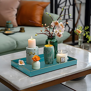 MAONAME Teal Serving Tray with Handles, Modern Decorative Tray for Coffee Table, Plastic Rectangular Tray for Ottoman, Bathroom, Decor, 15.75” x 10.2” x1.57