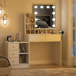 Vabches Makeup Vanity with Lights and Charging Station, Functional White Vanity Table with 5 Drawers and Lots Storage Shelves for Women Girls, 48.3in(W)