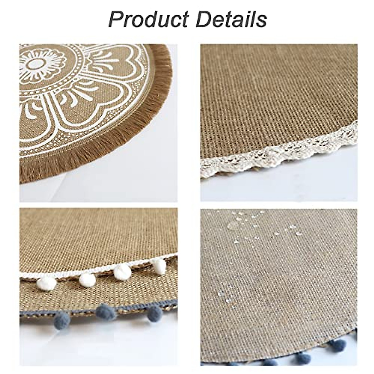 Round Burlap Woven Placemats Set of 6 15-Inch Jute Table Mats with Fringe Pompom Reusable Boho Farmhouse Rustic Place Mats for Parties Weddings Holiday Farmhouse Coffee Bar Decor (Style 5)