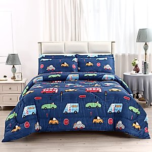 MAG 3Pcs Cartoon Car Bedding Comforter Set, Blue Cute Base Twin Comforter Set,for Toddlers Kids,Boys Teens and Girls,Super Soft Microfiber, Twin Size
