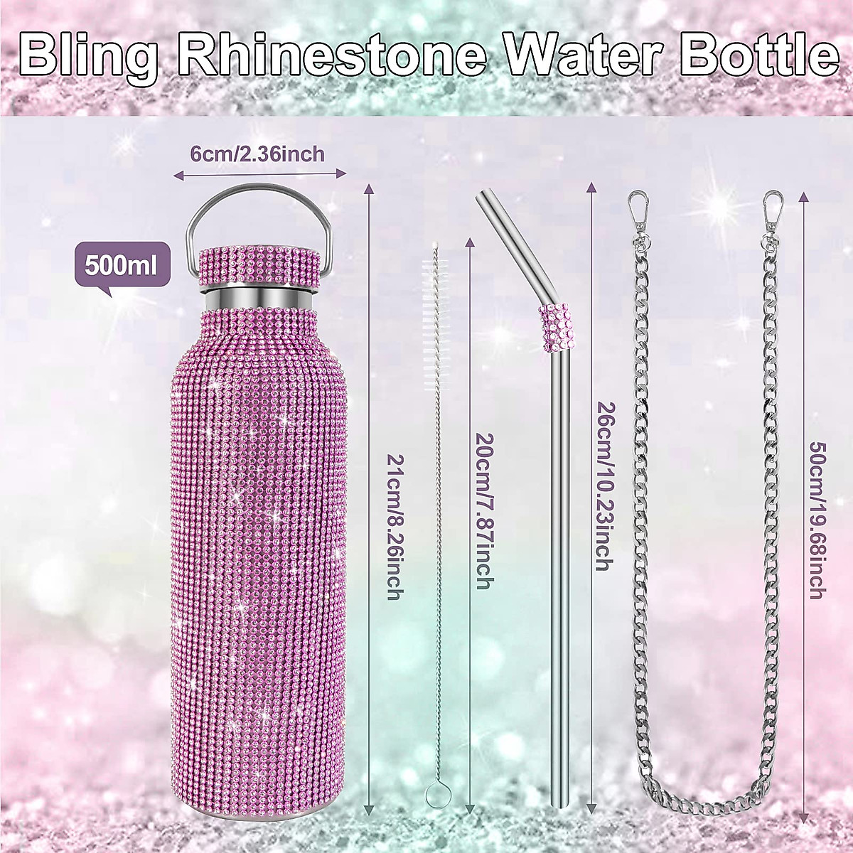 INSTOME Sparkling Diamond Water Bottle,17oz Bling Water Bottle with Chain,Bling Water Bottle Rhinestone,Rhinestone Glitter Water Bottle for Women Girl