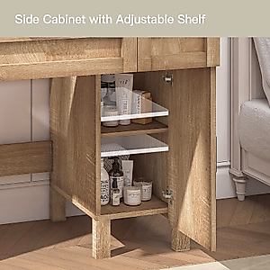 usikey Farmhouse Vanity Desk with Large Lighted Mirror and 10 Lights, 43.3" Glass Tabletop Makeup Vanity with 3 Drawers, Large Vanity Tabel Set with Long Storage Shelf, 2 Cabinets and Stool, Maple