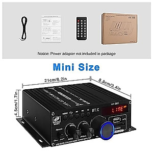 Bluetooth 5.0 Audio Power Amplifier AK-380 400W+400W 2.0 CH HiFi Stereo Amp Receiver with USB,SD,AUX,Remote Control,FM Antenna for Car Home Speaker Bar Party-(Without Power Adapter)