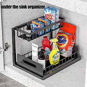 KINGPOUL Under Sink Organizers-2-Tier Heavy Duty Metal Slide Out Pull Out Drawers L-Shape Under Cabinet Storage Around Plumbing, for Under Kitchen Bathroom Sink Organizers and Storage(Black)