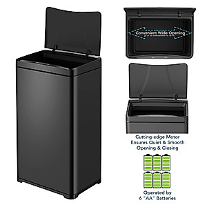 CozyBlock Automatic Trash Can for Kitchen, Black Steel Touchless Motion Sensor Bin, Wide Opening Soft Close Lid, LED Countdown Timer (13 Gallon)