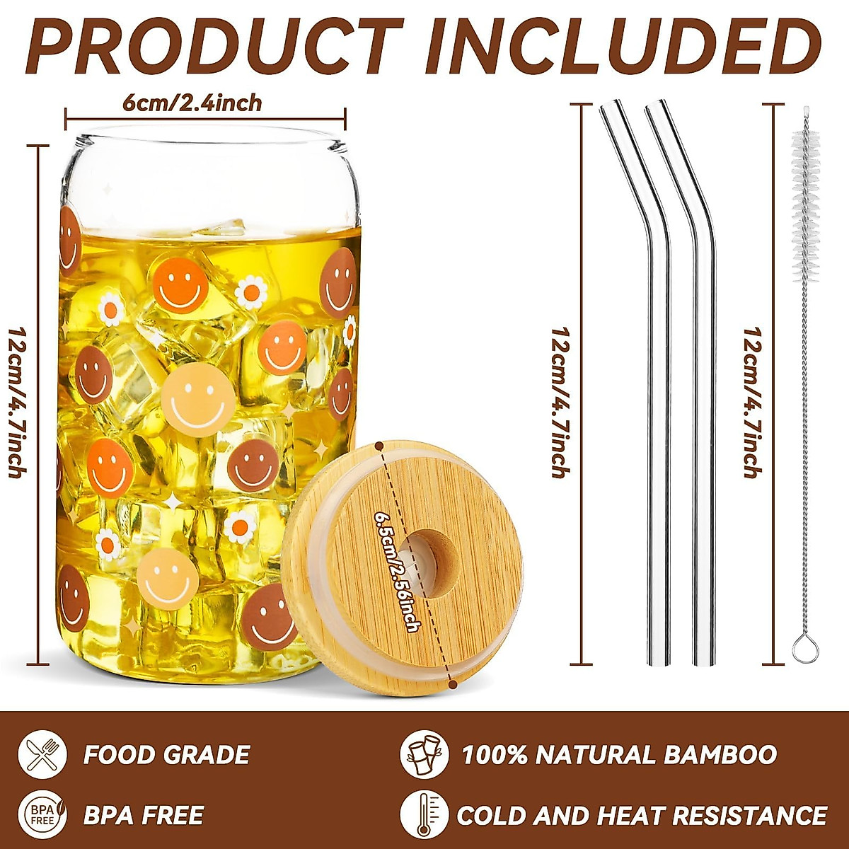 gisgfim 2 Pcs Smile Face Ice Coffee Cup Boho Glass Cup with Straw and Bamboo Lids 16oz Recycled Retro Groovy Drinking Glasses for Tea Soda Clear Water Family Friends Women Gifts