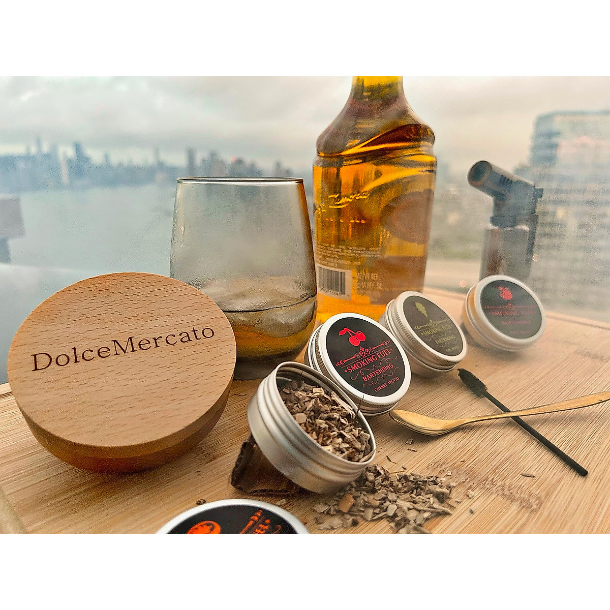 DolcheMercato Cocktail Smoker Kit with Torch – 4 Flavors Wood Chips Bourbon, Whiskey Smoker Infuser Kit, Old Fashioned Drink Smoker Kit (No Butane/Fuel)