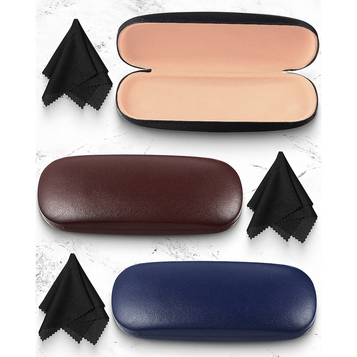Frienda 3 Pieces Hard Glasses Case Reading Eyeglass Case Protective Sunglasses Case with Cleaning Cloth for Men Women Unisex(Blue, Brown, Black)