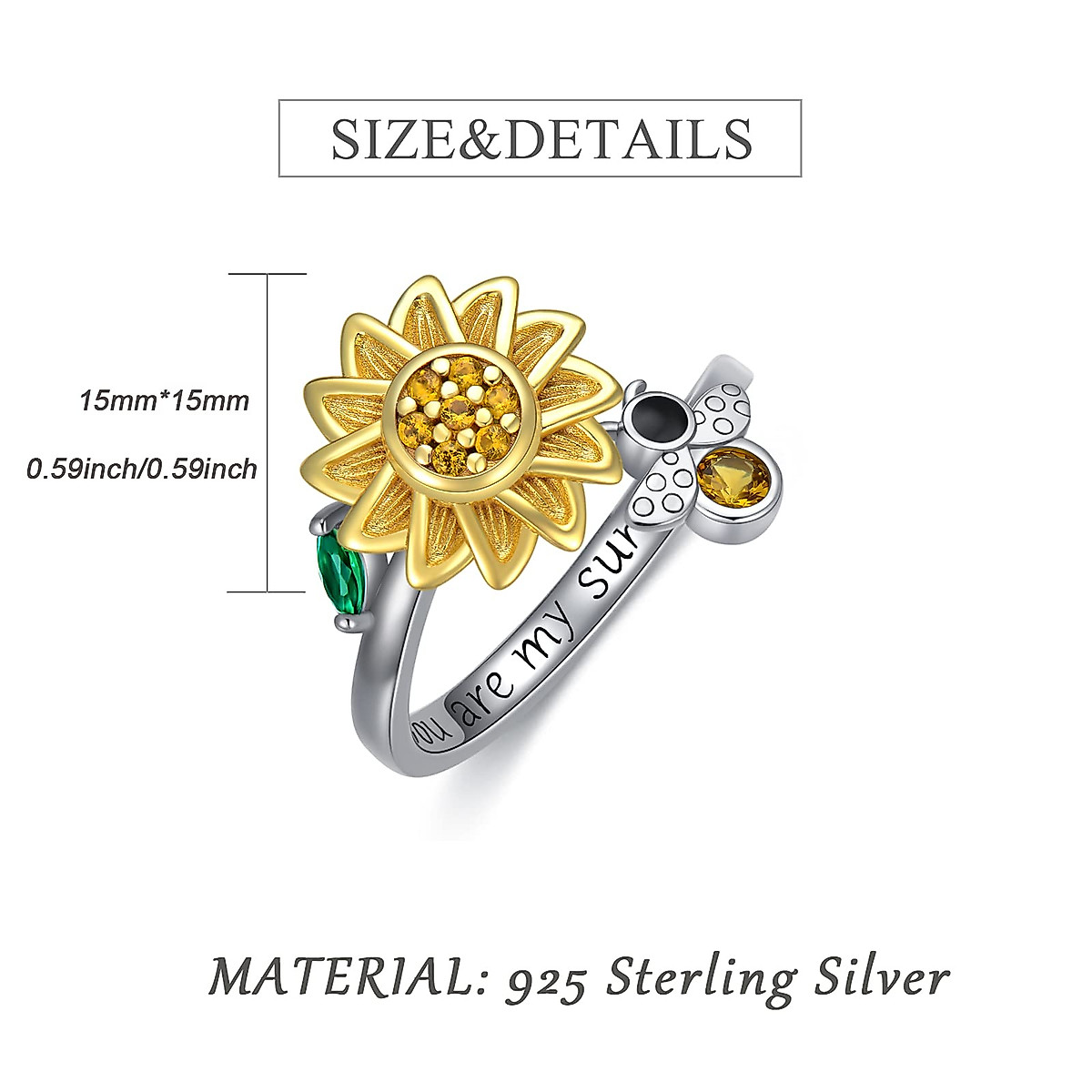 Flpruy Fidget Ring for Women Sunflower Anxiety Stress Spinner Ring You are My Sunshine Open Adjustable Ring Crystal Jewelry Gift Women