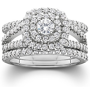 P3 POMPEII3 1 1/4ct Diamond Engagement Cushion Halo Wedding Ring Trio Set 10K White Gold - Size 7