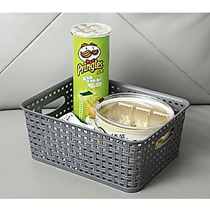 ZHENFAN Grey Plastic Woven Storage Basket, 6-Pack Weave Gray Basket Organizer for Kitchen Office Bathroom