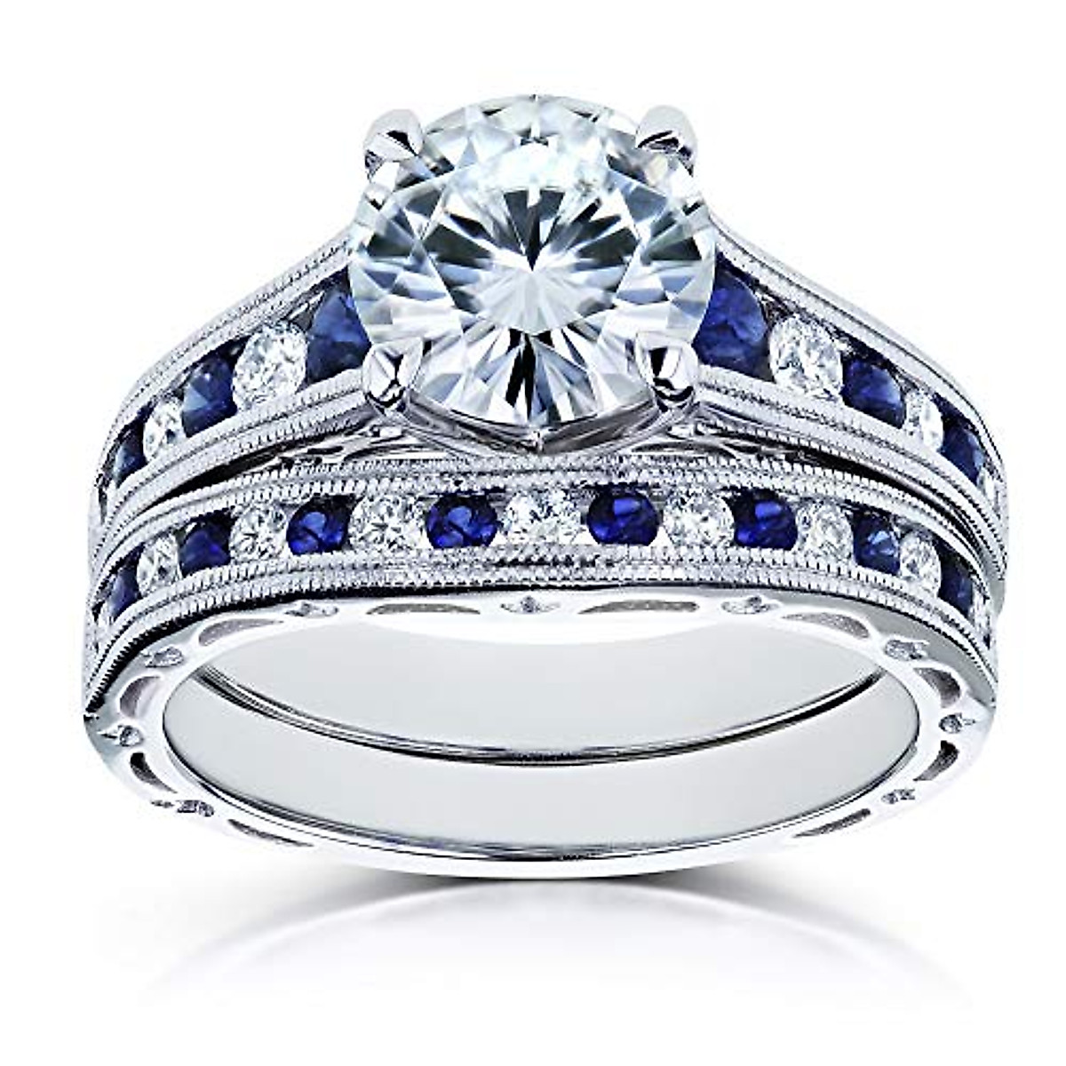Kobelli Forever One (D-F) Moissanite Bridal Set and Sapphire 2 7/8 Carat in 14k White Gold, Size 10