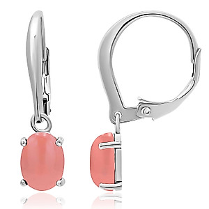 925 Sterling Silver 8x6mm Oval Shape Genuine or Simulated Gemstone Leverback Drop Dangle Earrings, Pink Coral