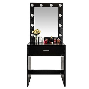 KJNS Vanity Wood Makeup Dressing Table Stool Set W/Drawer &Mirror Desk Black Vanity Desk Makeup Vanity Side Tables Bedroom Vanity Table Portable Desk Vanity Set