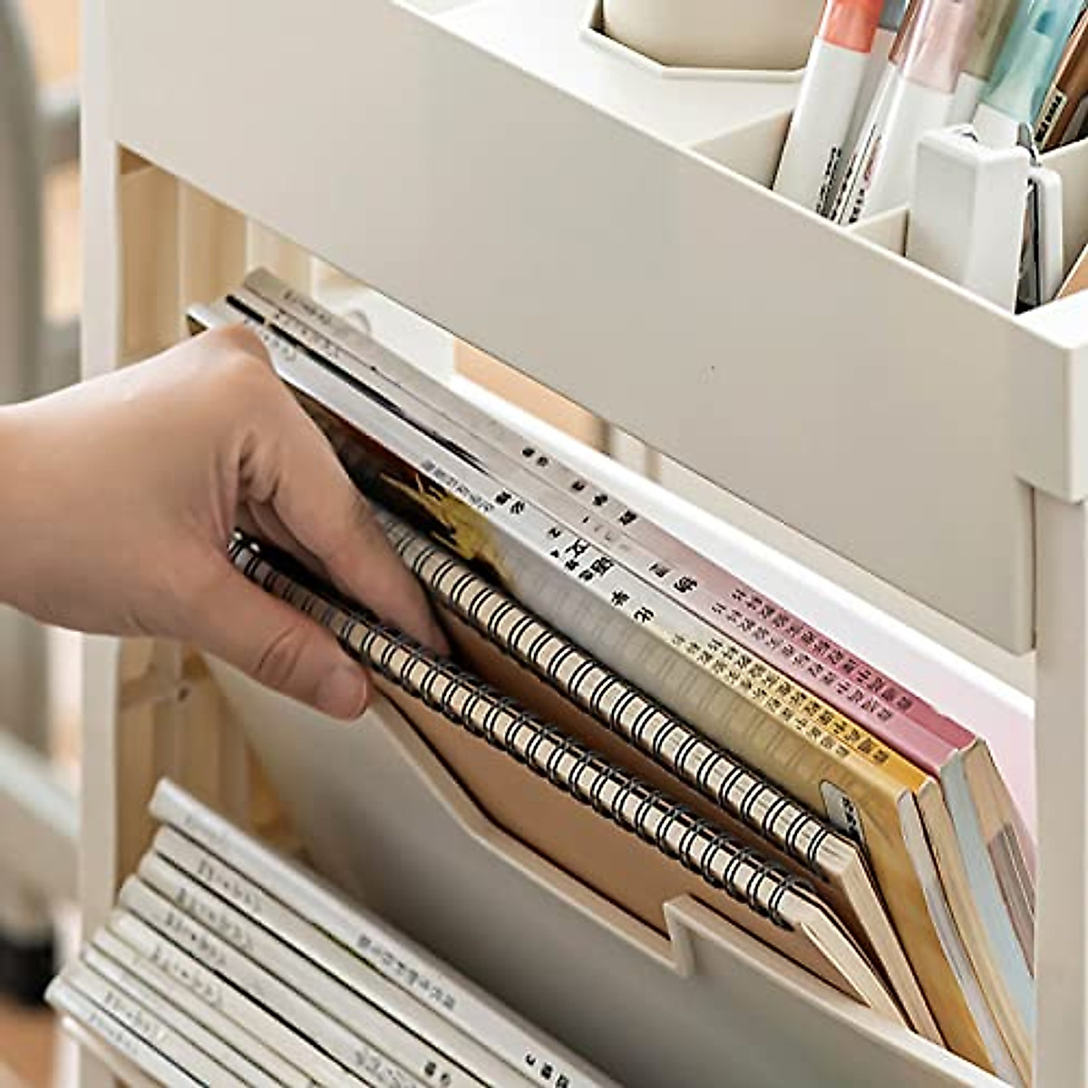 BFYDOAA 5 Tier Rolling Organizer Cart,Mobile Bookcase with Wheels Movable Bookshelf Cart with Drawers for Classroom School Bedroom Groceries Office(Blue)