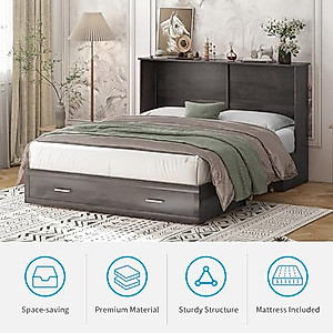 Mjkone Queen Murphy Bed with USB Charging Station | Modern Cabinet Bed with Tri-Folding Mattress | Hide-Away Bed with 2 Drawers for Bedroom | Guest Room | Office (Grey Pattern XI)