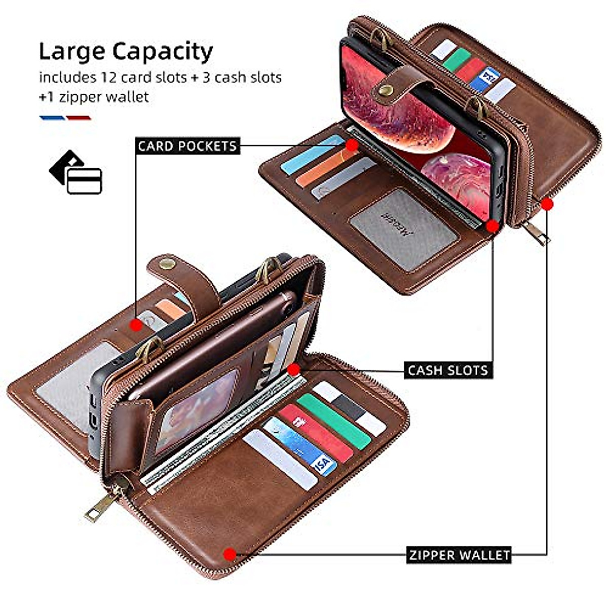 QIXIU for iPhone 12 Pro Max Wallet Case, Multi-Function Wallet Case, Detachable 3 in 1 Magnetic iPhone 12 Pro Max Case Wallet, Flip Strap Zipper Card Holder Phone Case with Shoulder Straps(Brown)