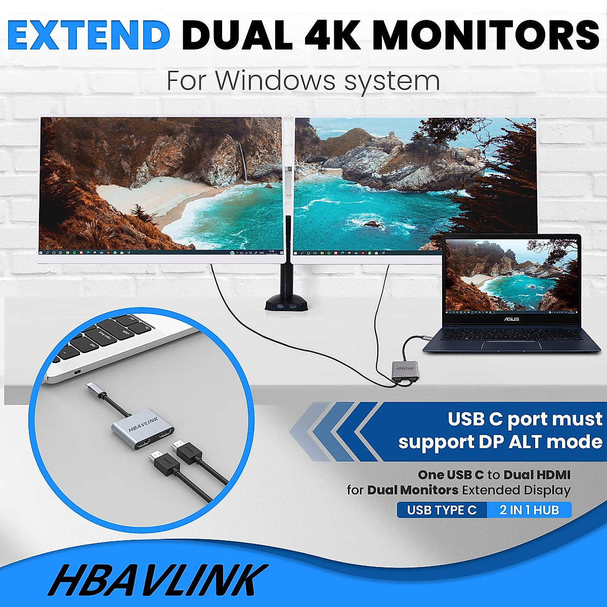 HBAVLINK USB C to Dual HDMI Adapter for Dual Monitor, w/2pack HDMI Cable, Supports Dual 4K@30Hz, Compact Aluminum Alloy Housing