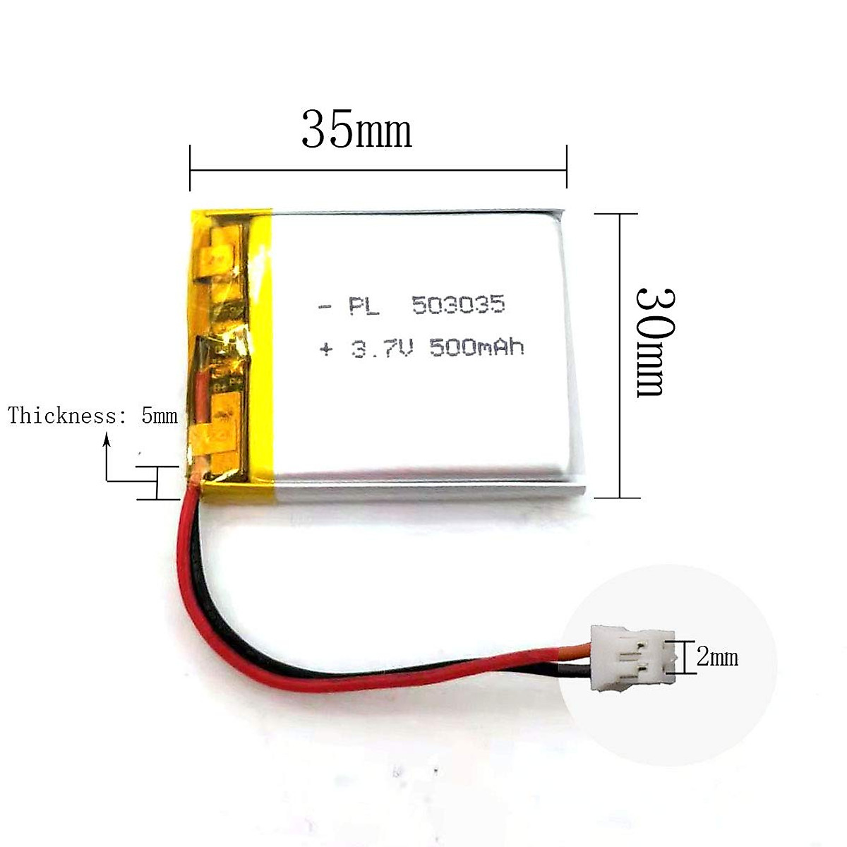 CaoDuRen Rechargeable 3.7V Li Lipo Lithium Polymer Ion Battery Pack with 2 Pin 2.0mm/1.25mm JST Connector (503035 500mAh 2.0Jst)