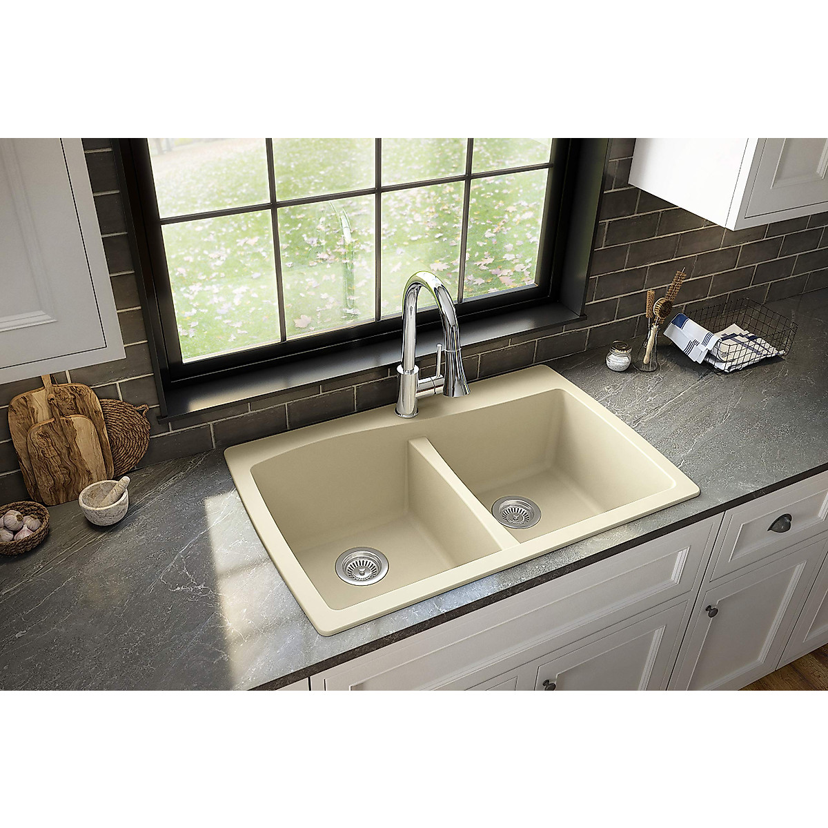 Karran QT-720 Drop-In Quartz Composite 34 in. 1-Hole 50/50 Double Bowl Kitchen Sink Kit in Bisque