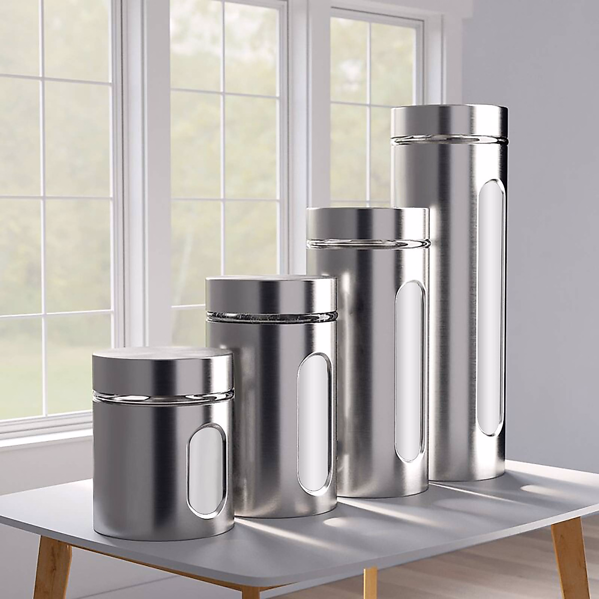Quality 4pc Stainless Steel Canister Set for Kitchen Counter with Glass Window & Airtight Lids, Food Storage Containers, Pantry Storage & Organization Set for Coffee, Flour, Pasta, Rice, Spices, Herbs