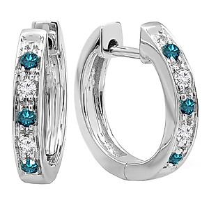 Dazzlingrock Collection Round Blue & White Diamond Single Row Hinged Post Hoop Earrings for Women in 10K White Gold