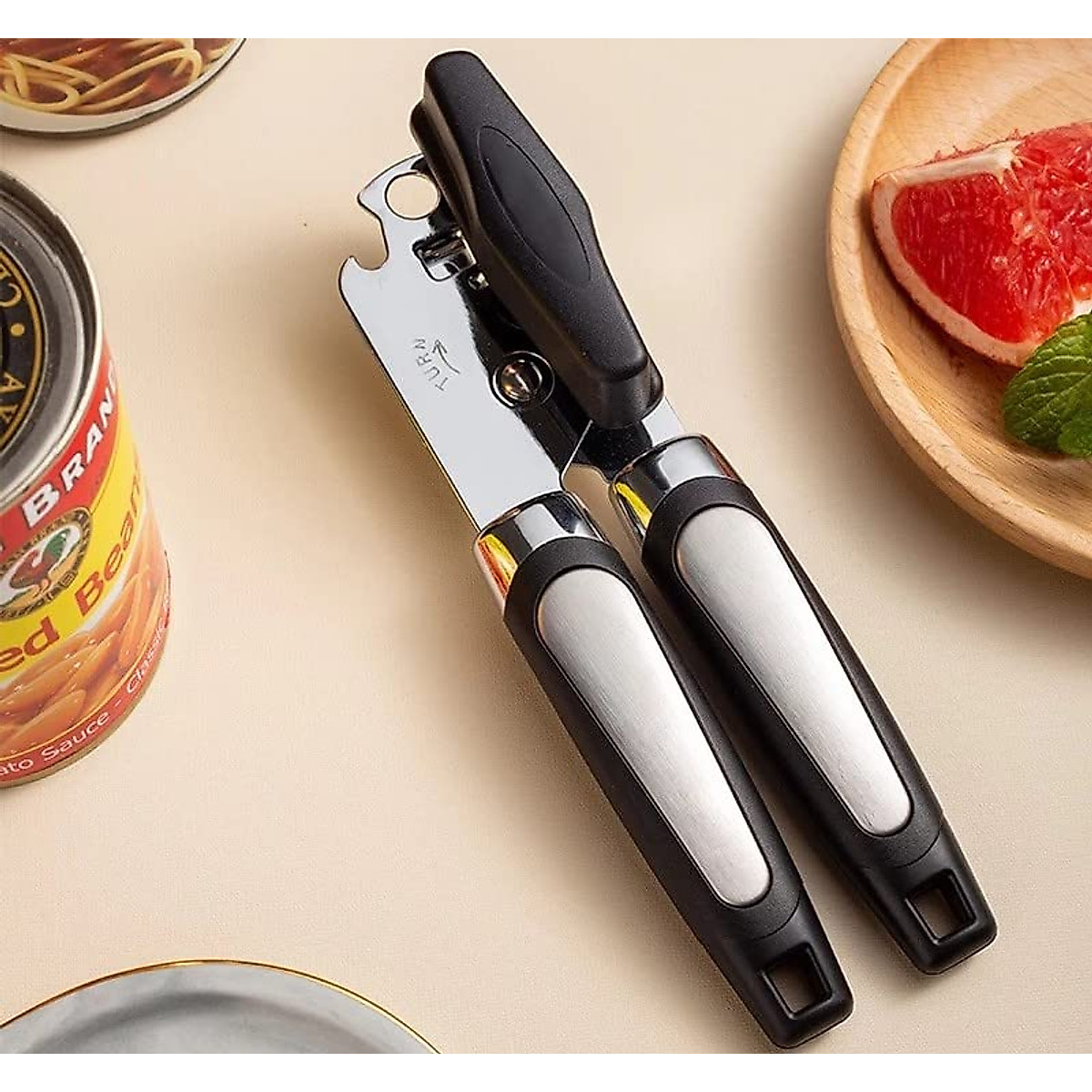 ANDILL Can Opener Manual, Good Grips Anti-slip Hand Grip, Stainless Steel Sharp Blade, with Large Turn Knob, Black/Silver, 8.26 x 2.36 x 2