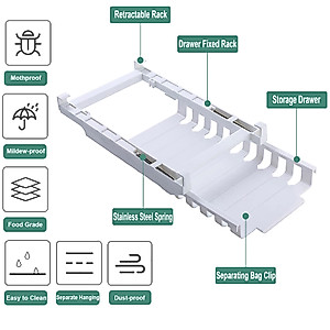 SZHTSWU Refrigerator Ziplock Bag Storage Rail Rack, Hanging Storage Clip Sliding Rail Tray Retractable Fridge Drawer Storage Organizer with 20 Sealed Bags for Fruits Vegetable Food Fresh-Keeping
