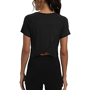 Mippo Short Sleeve Workout Tops Athletic Shirts Gym Clothes Exercise Tees Sports Running Active Wear Cute Work Out Crop Top TShirts for Women Loose Fit Black L