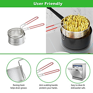 SOFRON Deep Fryer Basket 7.87" x 4", Round Stainless Steel Fry Baskets With Handle and Resting Hook for French Chips, Onion Rings, Chicken Wings and Pasta, Large