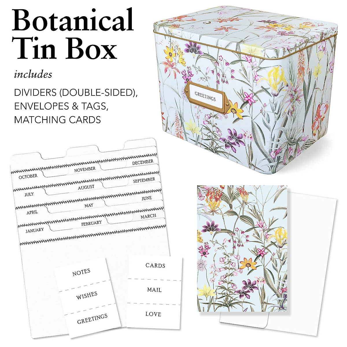 Vinca Blue Greeting Card Organizer and Storage Box with Dividers, Cards, and Envelopes | Greeting Card Keeper, Notecard Box, Birthday Card Organizer (Floral)