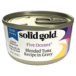 Solid Gold Wet Cat Food Shreds in Gravy - Canned Cat Food Made w/Real Tuna - Five Oceans Grain Free - 24ct/3oz Can