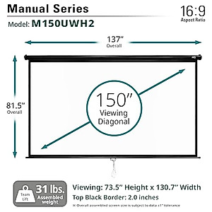 Elite Screens Manual Series, 150-INCH 16:9, Pull Down Manual Projector Screen with AUTO LOCK, Movie Home Theater 8K / 4K Ultra HD 3D Ready, 2-YEAR WARRANTY, M150UWH2
