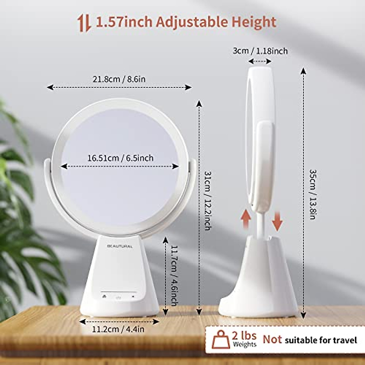 Lighted Makeup Vanity Mirror with 3 Colors, 6.5" Double Sided 1x/10x Magnifying Mirror with Lights, Adjustable Brightness&Standing Height, 360 Degree Rotation Touch Sensor,AC Adapter Powered