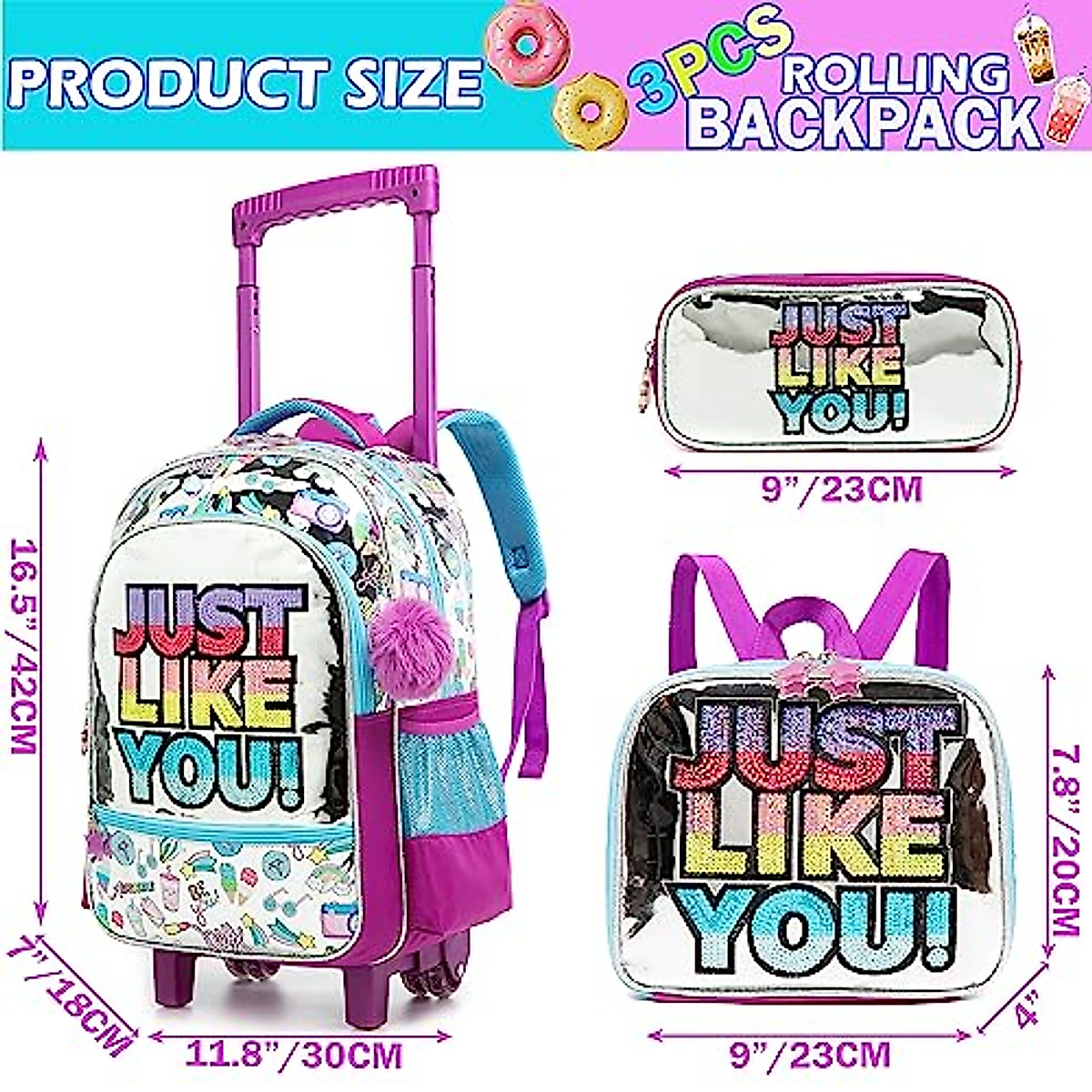 Meetbelify Rolling Backpack for Girls Backpack with Wheels Kids Luggage for Elementary Students with Lunch Box Set for Girls Purple