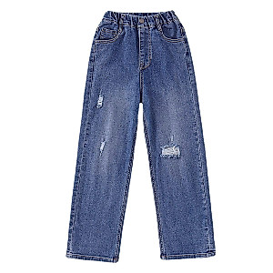YaYatree Fashion Kids Girls Ripped Distressed Washed Wide Leg Casual Jeans Size 4-13 yrs (Blue Solid, 10-11 Years)