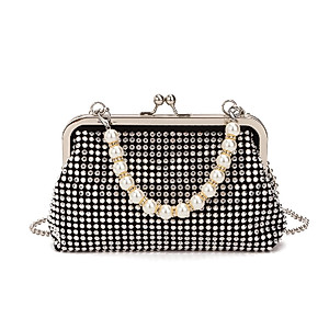SUKUTU Women Luxury Full Rhinestone Shoulder Bag Noble Kiss Lock Crystal Messenger Bag Clutch Handbag with Pearl Beaded Chain