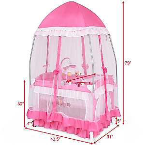 INFANS 4 in 1 Pack and Play, Portable Nursery Center Playard with Bassinet, Adjustable Canopy, Mattress, Diaper Changer, Carry Bag, Whirling Toys Music Box for Baby Boy Girl (Pink)