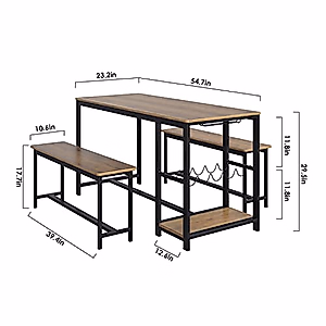 HITHOS 3-Piece Dining Table Set, Rustic Wood Kitchen Dinner Table with Benches for 4, Breakfast Nook Table with Wine Rack and Glass Holder, Rustic Brown