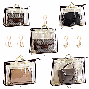MYKASEN 5Sizes Handbag Storage Organizer Dust Cover Bag, Clear Handbag Purse Protector Storage Bag with Sturdy Handles Zippers 5Pcs Purse Hanger Anti-dust Waterproof for Hanging Closet Shelf (Beige2)