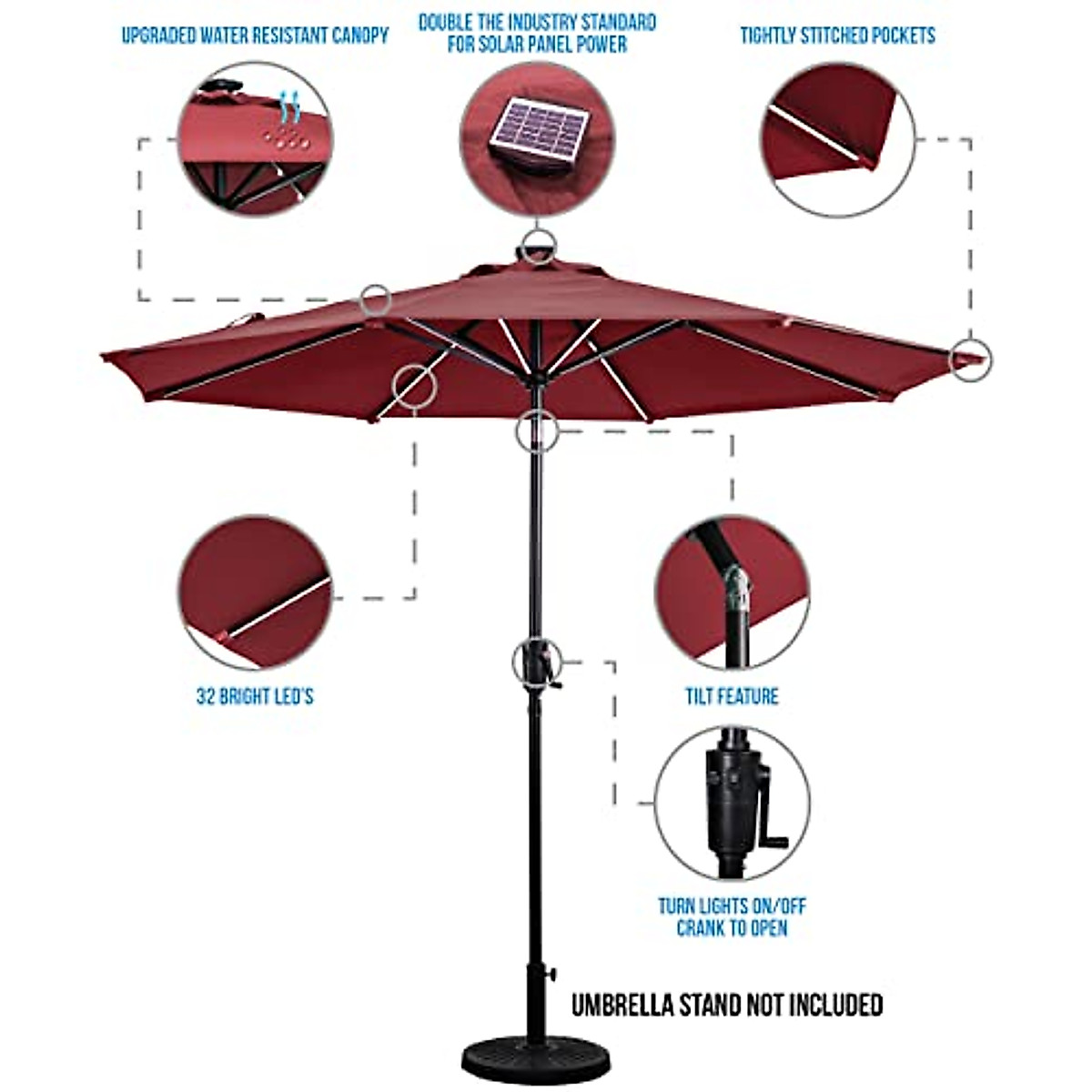 Sun-Ray 811028 9' Round Next Gen 8-Rib Solar Patio Umbrella 32 LED Within Unique Strip Lighting, Crank and Tilt, 9 ft, Scarlet/Red