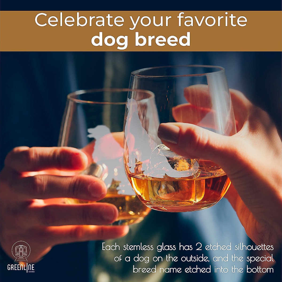 Golden Retriever Stemless Wine Glasses (Set of 2) | Unique for Dog Lovers | Hand Etched with Breed Name on Bottom