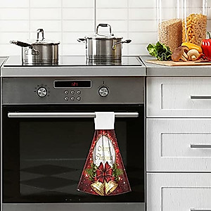 Christmas Xmas Bell Hanging Kitchen Towel with Loop 2 Pack Merry Christmas Hand Towels Soft Microfiber Coral Velvet Tie Towel Decor for Bathroom Oven Absorbent Washcloth