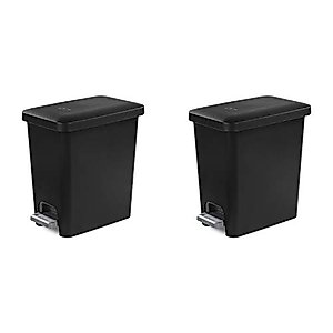Sterilite 2.7 Gallon Rectangular StepOn Wastebasket, Small, Black lid and base with Titanium pedal and Liner